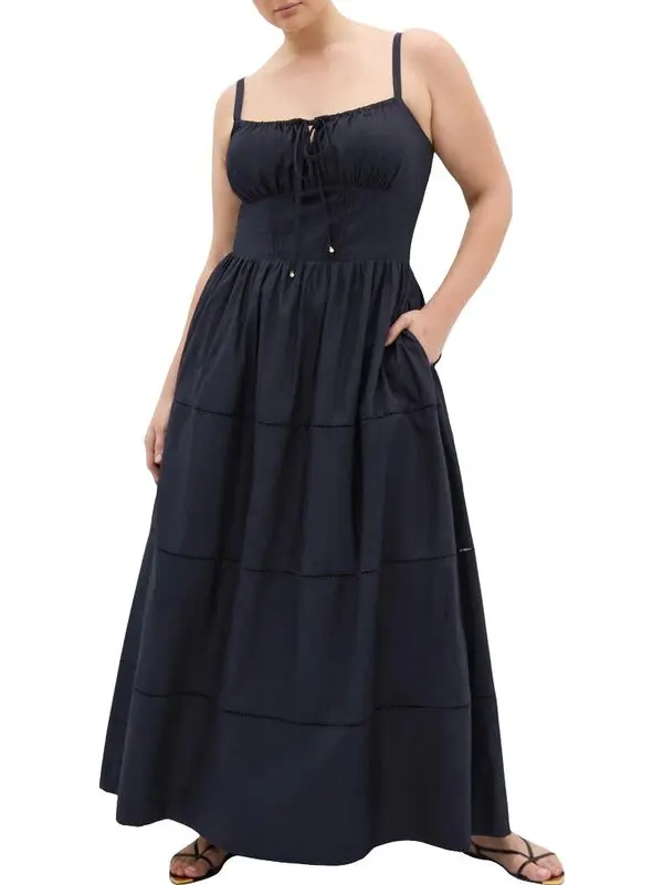 City Chic Cotton Maxi Dress With Corset Bodice - Navy