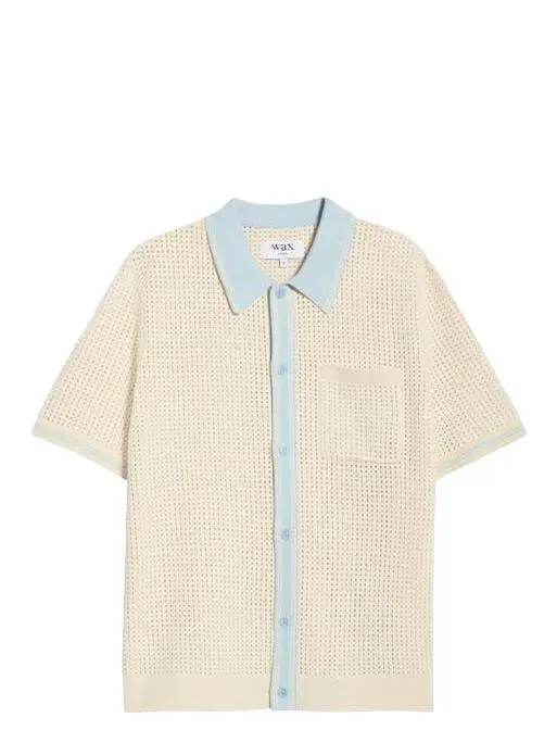 WAX LONDON Belle Tipped Pointelle Stitch Short Sleeve Button-up Shirt - Ecru/pale Blue