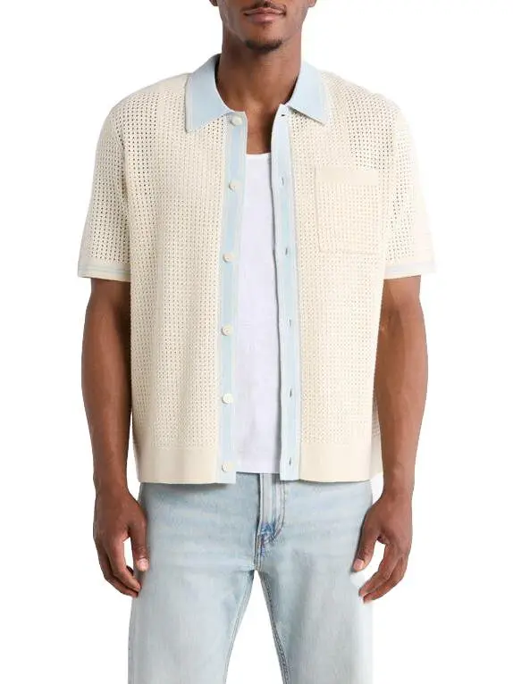WAX LONDON Belle Tipped Pointelle Stitch Short Sleeve Button-up Shirt - Ecru/pale Blue