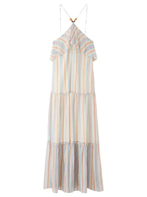 Mango Striped Ruffle Chiffon Maxi Dress - Blue