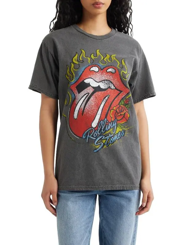 Junk Food Rolling Stones Flaming Hot Lips Graphic T-shirt - Vintage Black