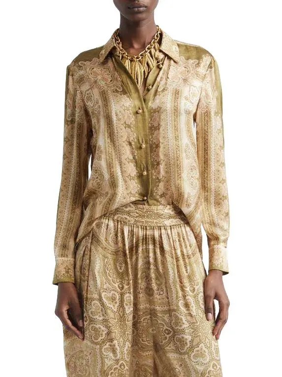 Zimmermann Luna Paisley Print Silk Satin Shirt - Olive Perla Paisley
