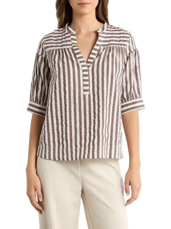 SUGARLIPS Striped Split-neck Cotton Top - Tan-white