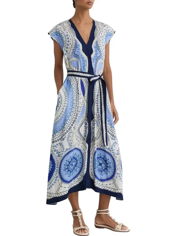 REISS Heidi Scarf Print Belted Midi Dress - Ivory/blue