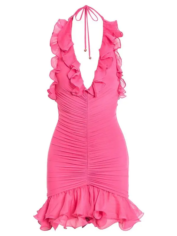 PatBO Ruffled Stretch-mesh Halterneck Mini Dress - Pink