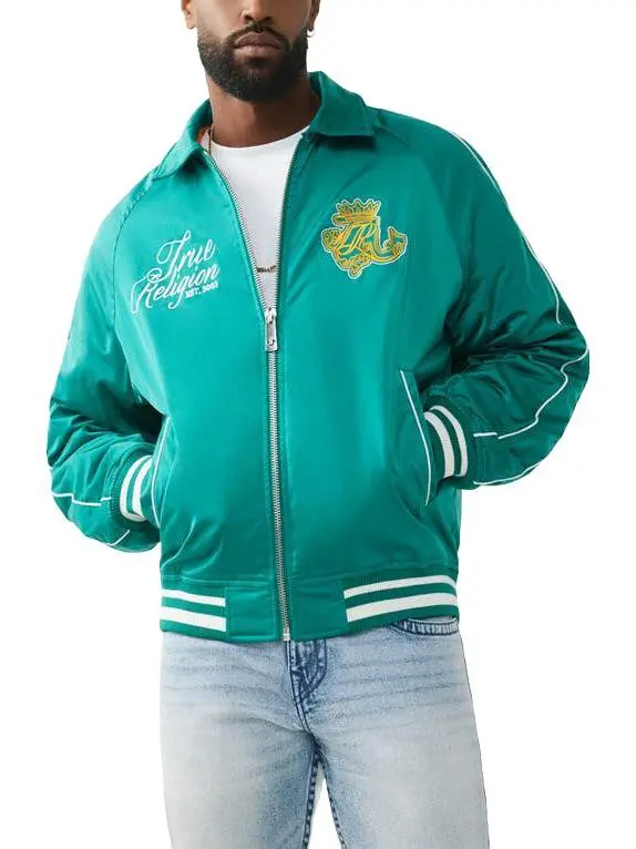 True Religion Crest Satin Retro Bomber Jacket - Ultra Marine Green