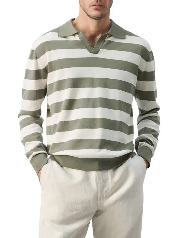 Mango Fine Knit Long Sleeve Stripe Polo - Forest Green