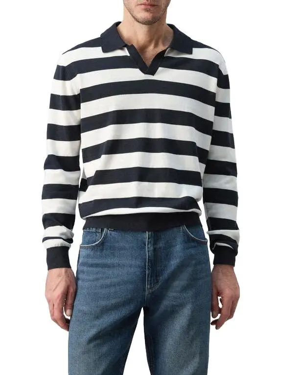 Mango Fine Knit Long Sleeve Stripe Polo - Navy