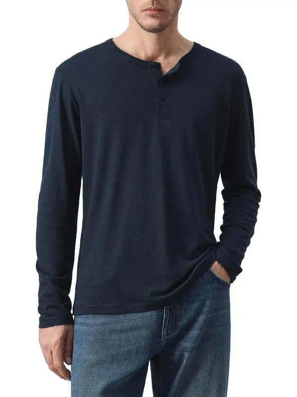 Mango Linen Blend Henley - Navy