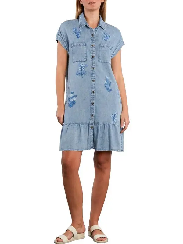BILLY T Floral Appliqué Mini Shirt Dress - Denim