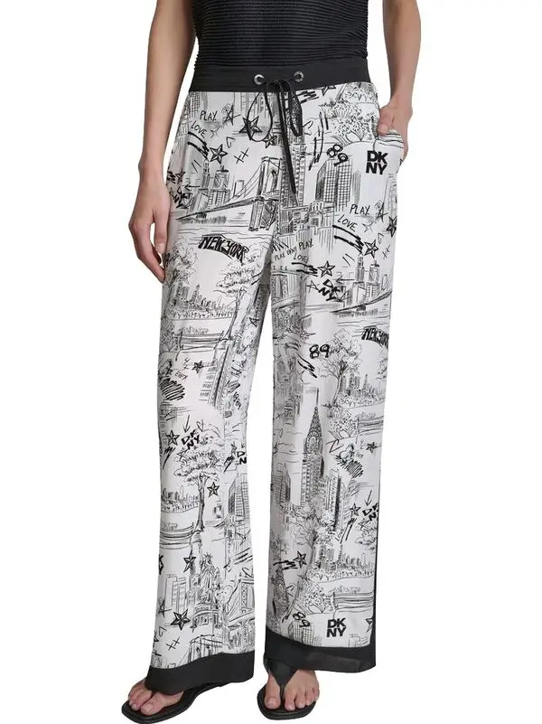 Dkny Printed Wide-leg Pants - New York Toile White