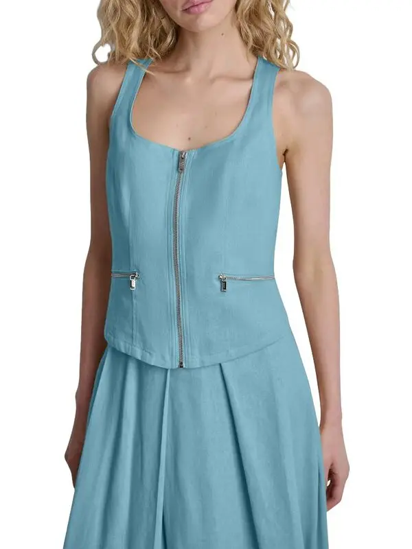 Dkny Linen Blend Sleeveless Zip Top - Cameo Blue