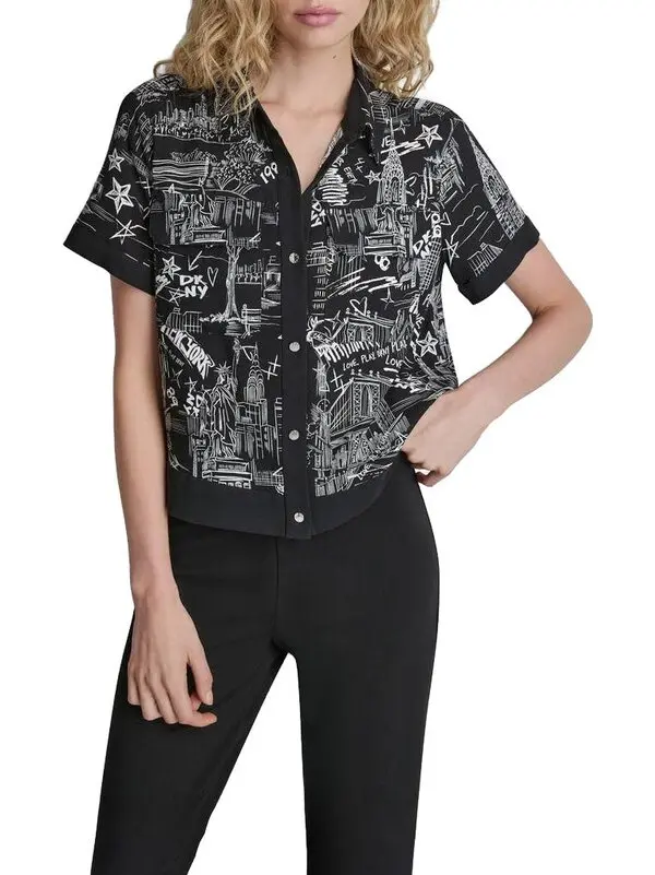 Dkny Printed Cropped Short Sleeve Shirt - New York Toile Black