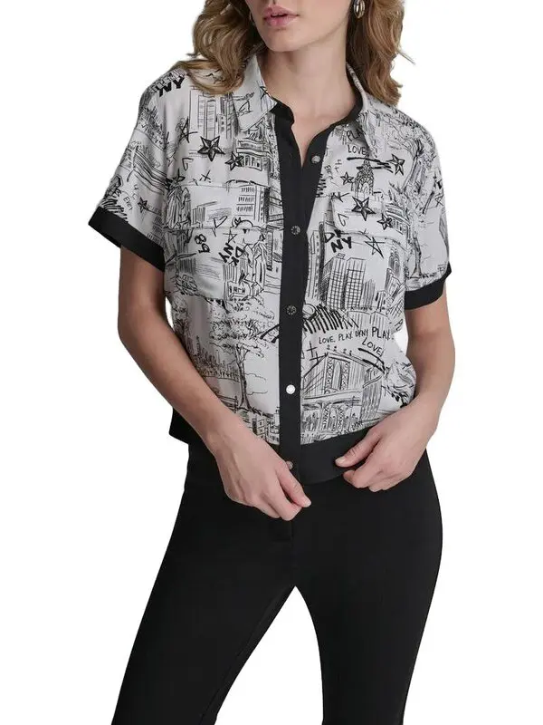 Dkny Printed Cropped Short Sleeve Shirt - New York Toile White
