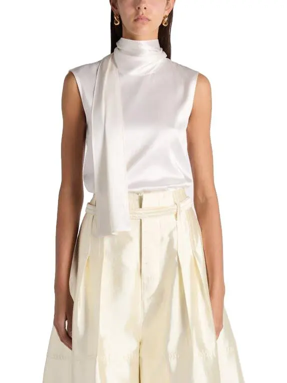 Bottega Veneta Scarf Detail Stretch Silk Satin Top - 9000 White