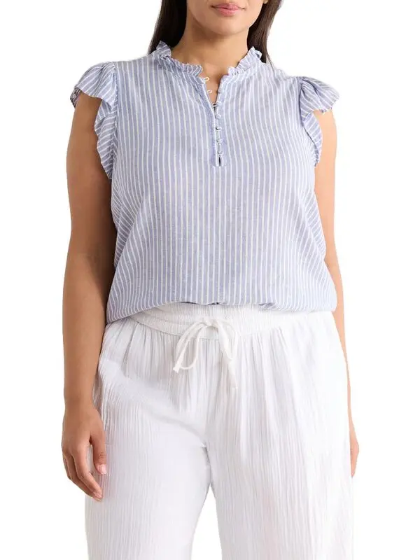 Caslon Stripe Flutter Sleeve Top - Blue- Ivory Penny Stripe