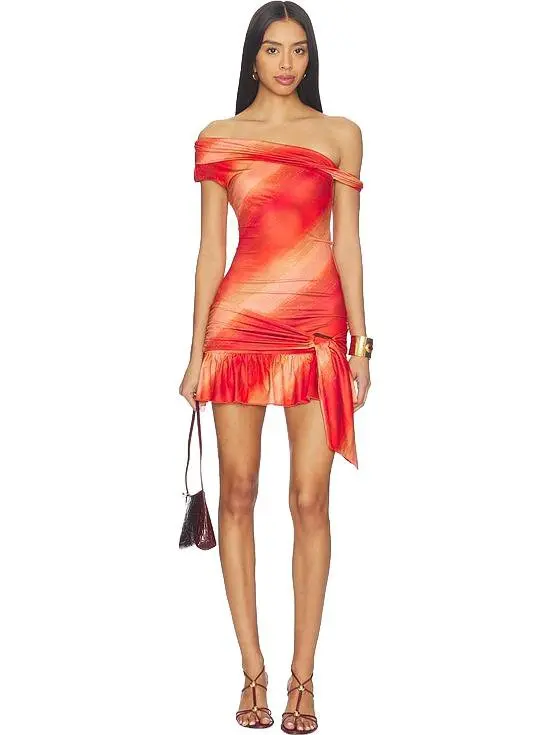 TIGER MIST Off-the-shoulder Ruched Mini Dress - Sunrise Glitter Stripe