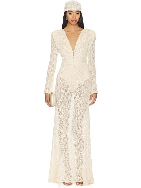 AWAVE STUDIO Long Sleeve Lace Maxi Dress - Beige