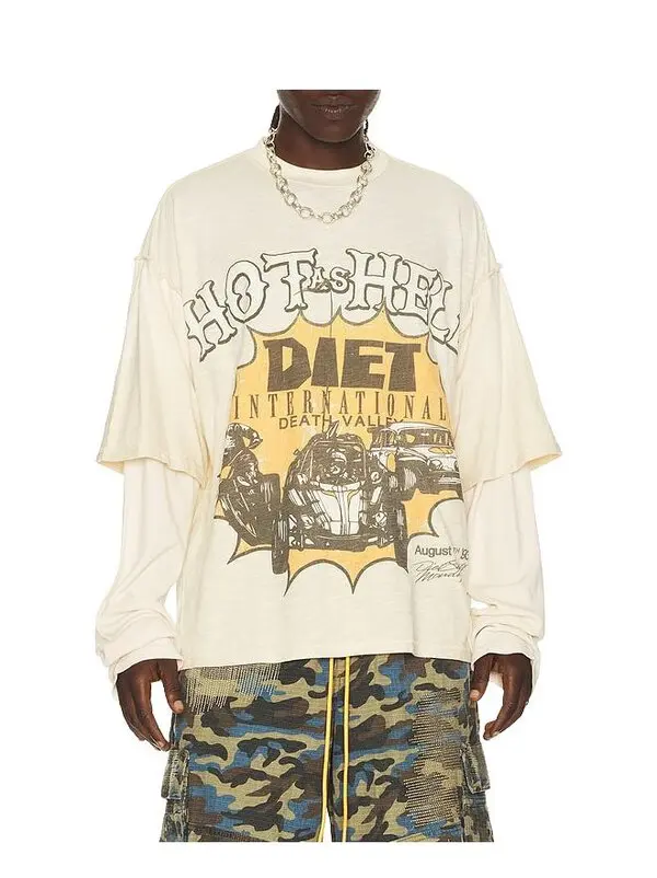 DIET STARTS MONDAY Hot As Hell Layered Long Sleeve Tee In White - Antique White
