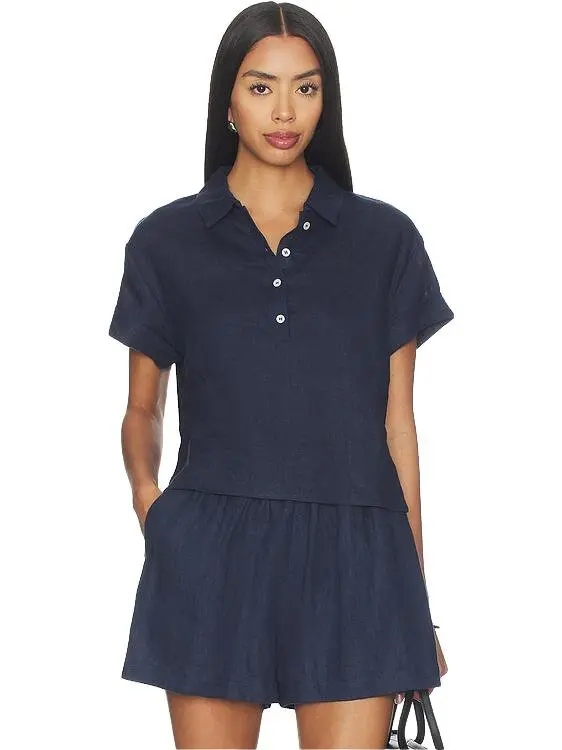PERFECTWHITETEE Linen Quarter Button Down Collared Tee - Navy