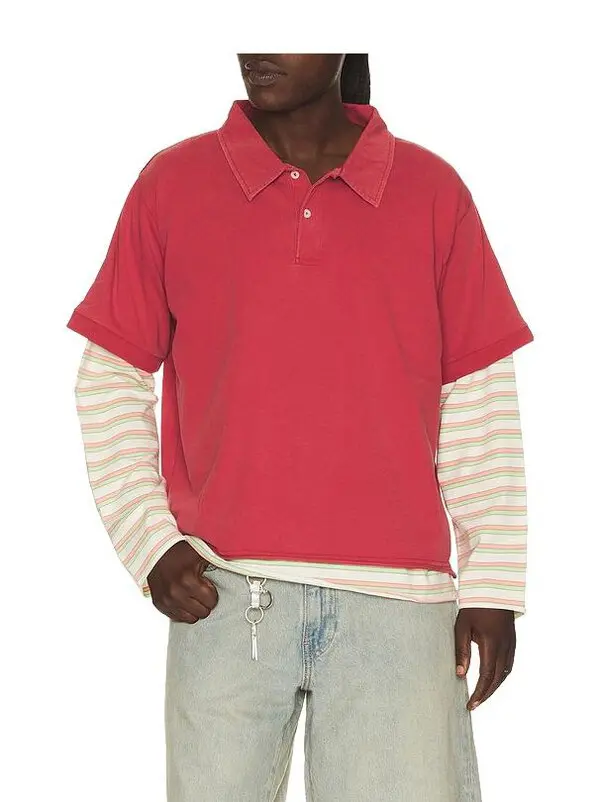 FOUND Double Layer Stripe Tee In Red - Multi Color