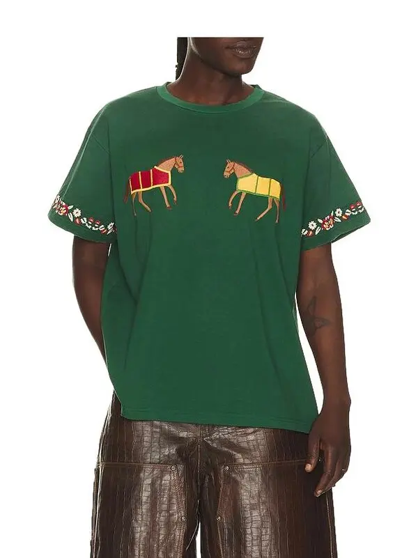 FOUND Embroidered Horse Equine Tee In Green - Washed Forest