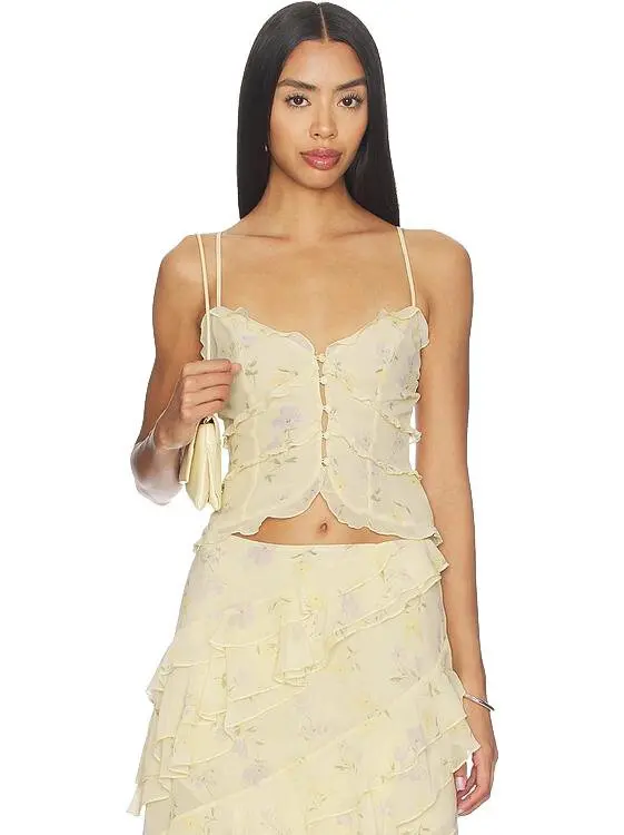 Tularosa Cecilia Cropped Top With Ruffle Detail - Pale Yellow Floral