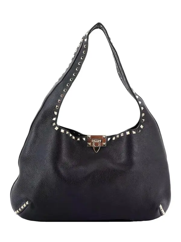 Valentino Garavani Rockstud Flip Lock Leather Large Hobo Bag - Black