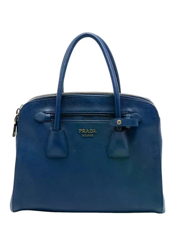 Prada Saffiano Cuir Double Zip Top Handle Satchel - Blue