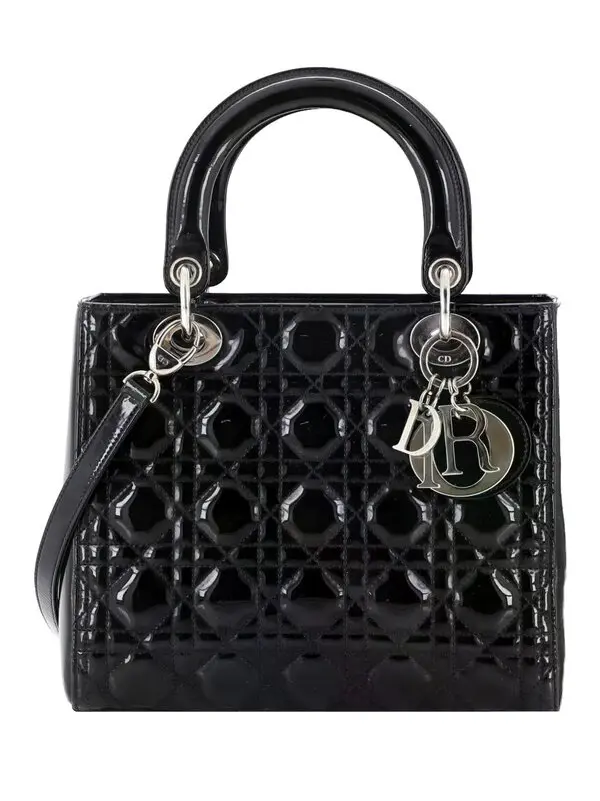 Dior Lady Cannage Quilt Patent Medium Satchel - Black