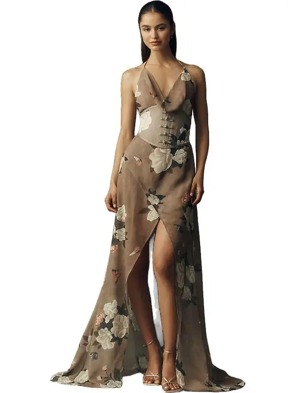 SAU LEE Cairo Maxi Dress With Floral Print - Desert Taupe