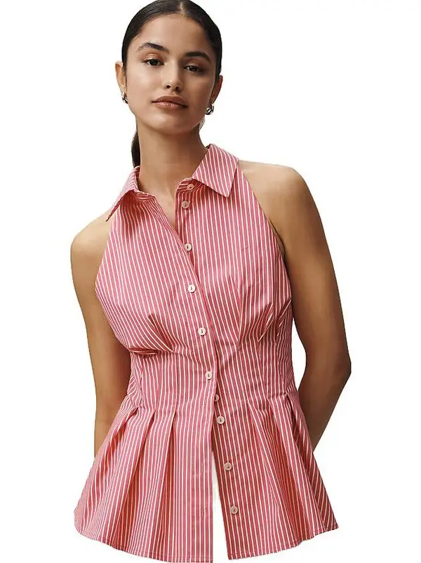 EXQUISE Tobie Poplin Halter-neck Top - Pink Stripe