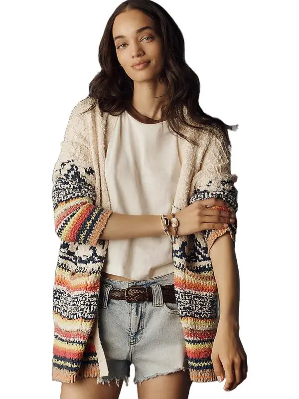 PILCRO Long Open-front Cardigan Sweater - Ivory Pattern