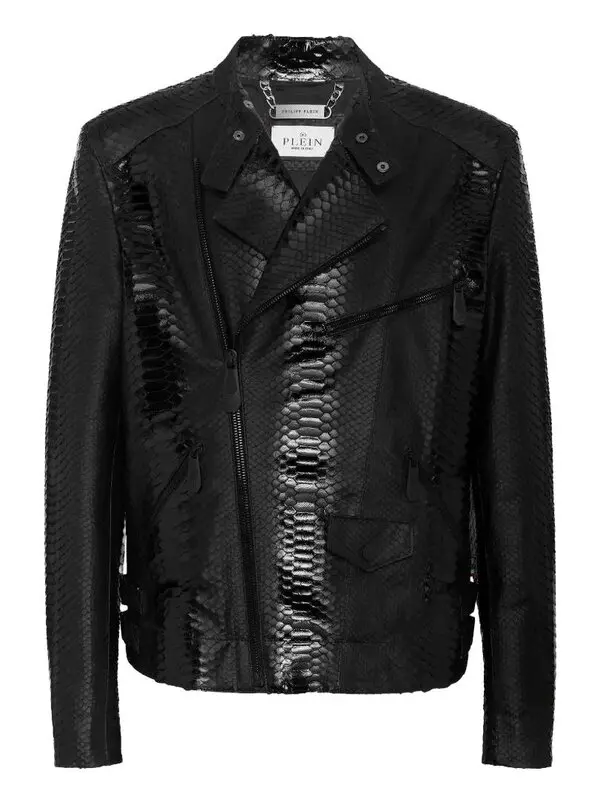 Philipp Plein Python Leather Biker Jacket - Black