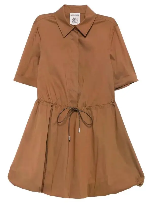 SEMICOUTURE Matilda Drawstring-waist Bubble-hem Mini Dress - Brown