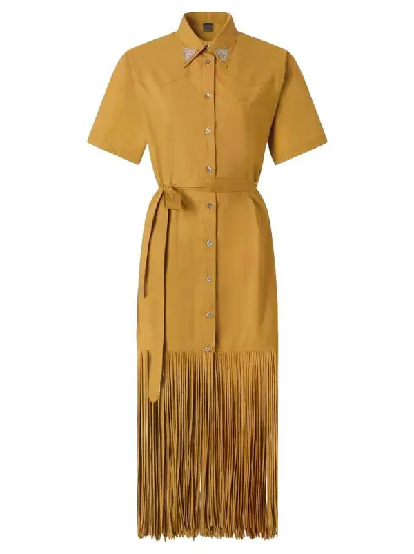 Pinko Fringe-trimmed Belted Midi Shirt Dress - Yellow