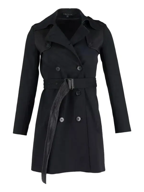 Theory Double-breasted Leather-trim Trench Coat - Black