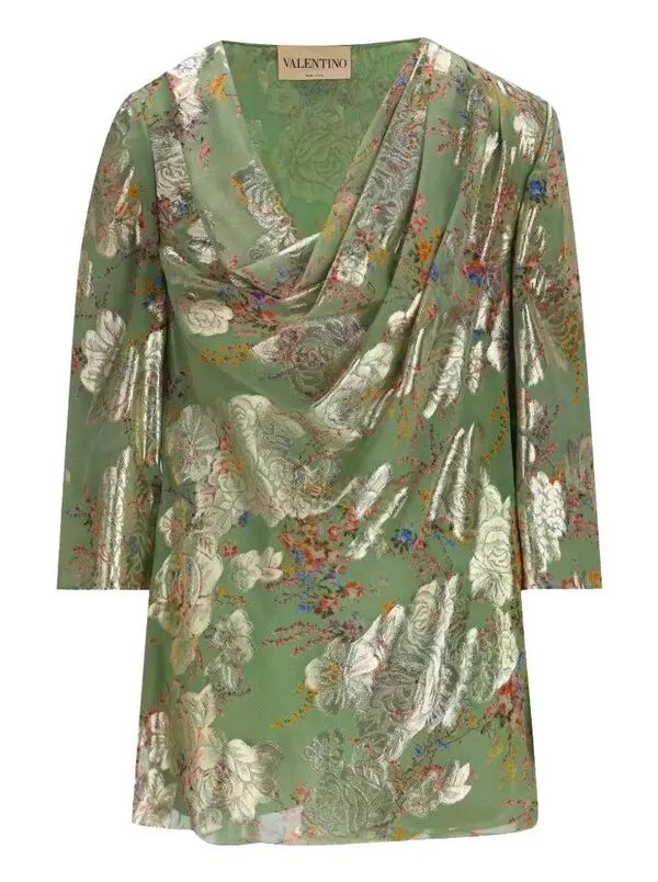 Valentino Garavani Floral-brocade Draped Tunic Top - Green