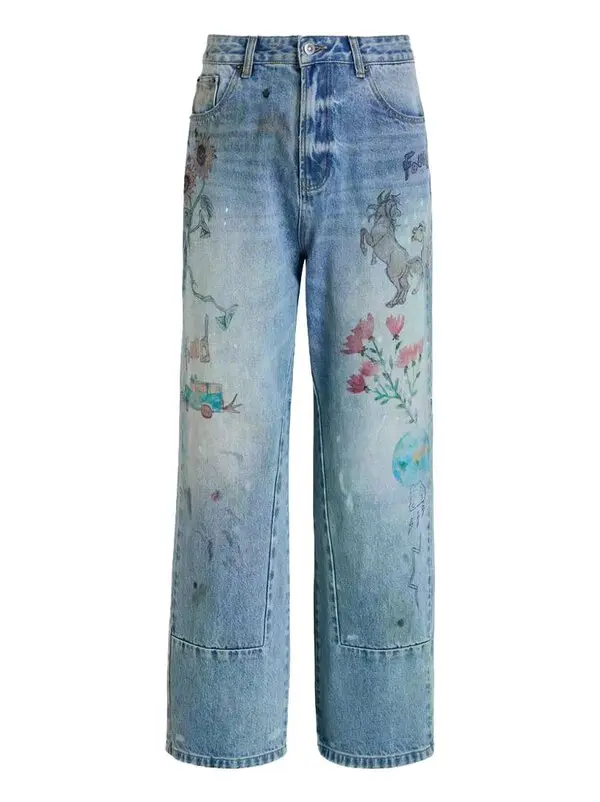 FOUND Graphic-print Panelled Straight Leg Jeans - Blue
