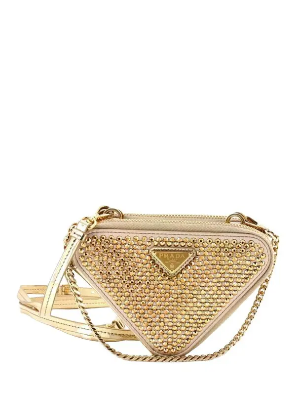 Prada Triangle Double Pouch Crystal Embellished Crossbody Bag - Gold
