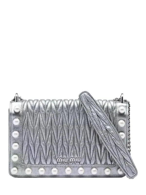Miu Miu Matelasse Metallic Nappa Faux Pearl Flap Crossbody Bag - Silver