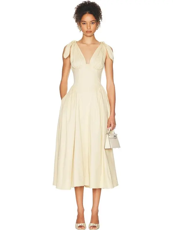 HELSA Fairweather Midi Dress In Stretch Cotton Sateen - Hay