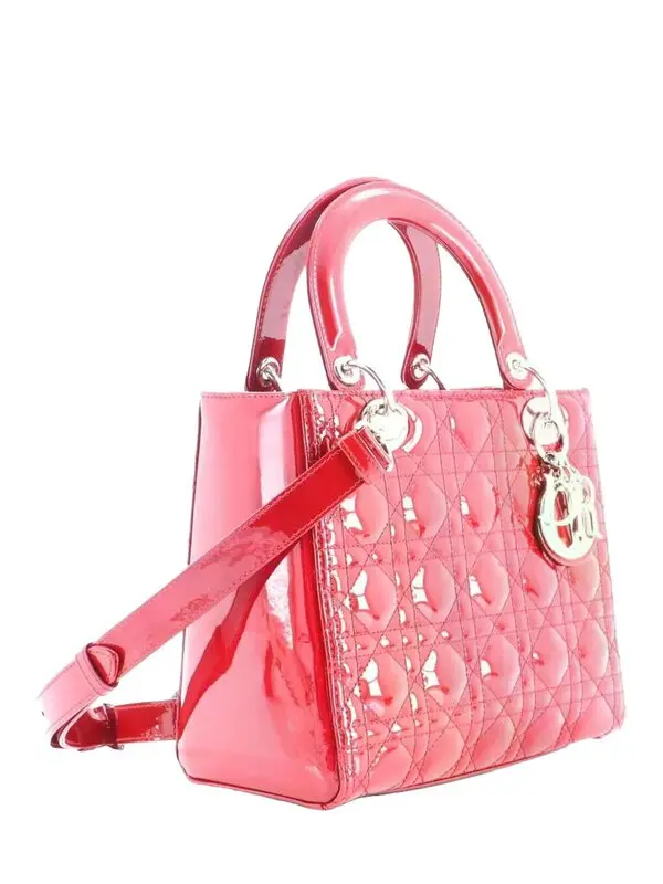 Dior Lady Cannage Quilt Patent Medium Satchel - Red