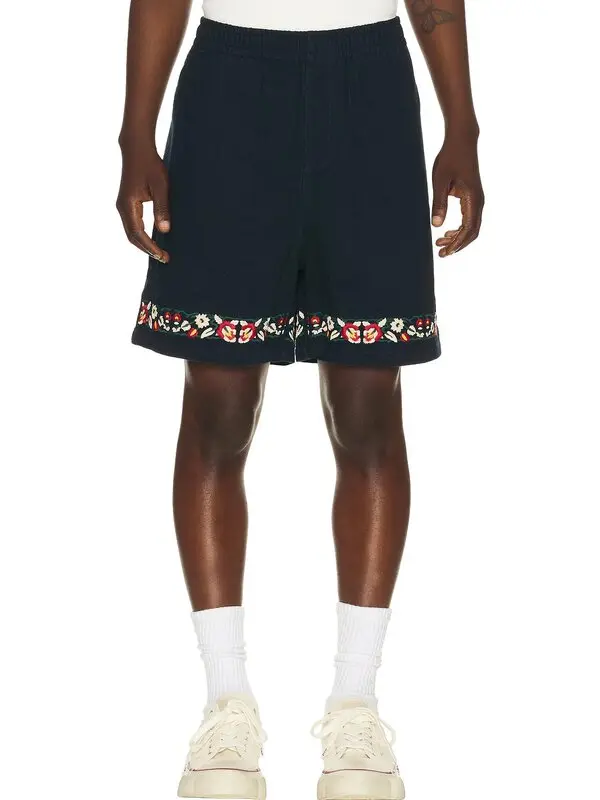 FOUND Floral Embroidered Twill Shorts - Navy