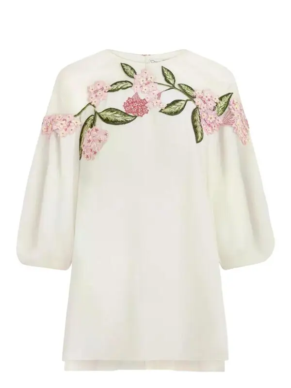 Oscar De La Renta Porcelain Flower Embroidered Illusion Blouse - Neutrals