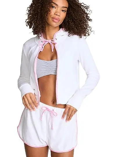 Pink Terry Full-zip Cover-up Hoodie - White,ivory