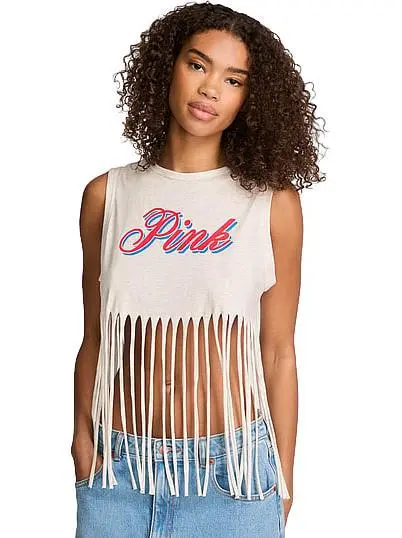 Pink Campus Cotton Retro Fringe Tank Top - Grey