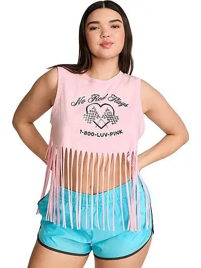 Pink Campus Cotton Retro Fringe Tank Top - Pink
