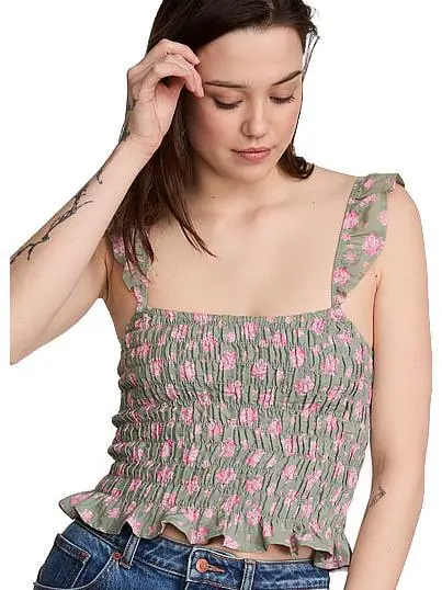 Pink Smocked Ruffle Tank Top - Floral