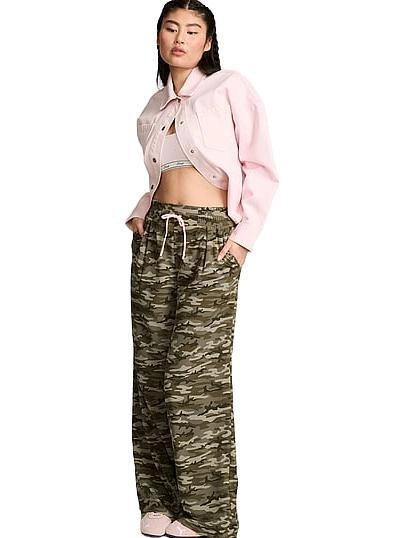 Pink Tech Woven Straight-leg Pants With Smocked Waistband - Print